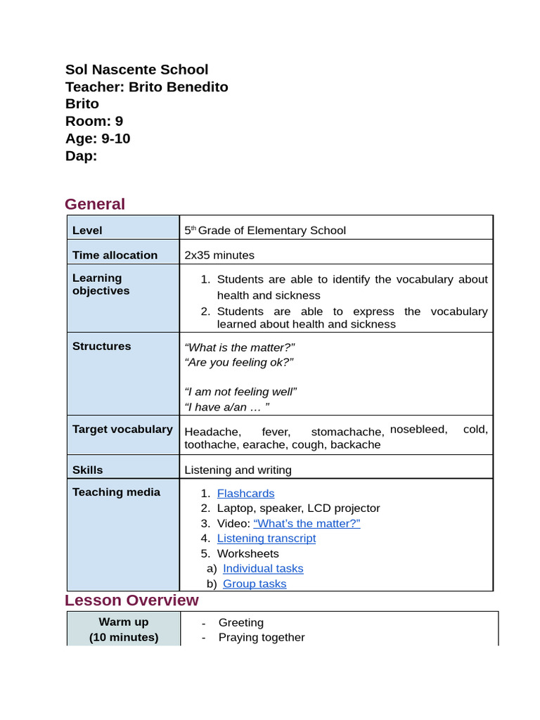 Lesson Plan Health and Sickness | PDF | Teachers | Language Arts ...