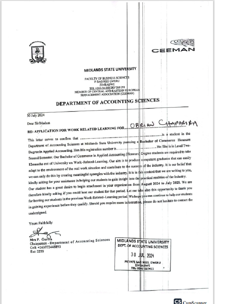 Obrian Chaparira - Attachment Letter | PDF