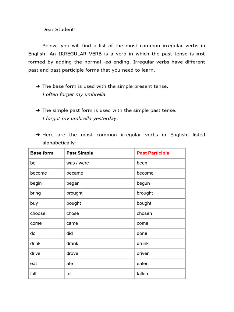 Irregular Verbs - Past Simple Study | PDF