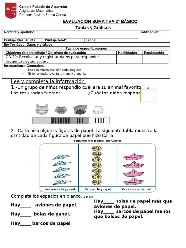 EVALUACIÓN 2° Básico Matemática Graficos | PDF