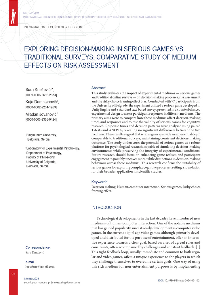 EXPLORING DECISION-MAKING IN SERIOUS GAMES VS. TRADITIONAL SURVEYS: COMPARATIVE STUDY OF MEDIUM ...