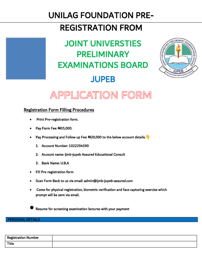Unilag Pre Registration Form 1 | PDF