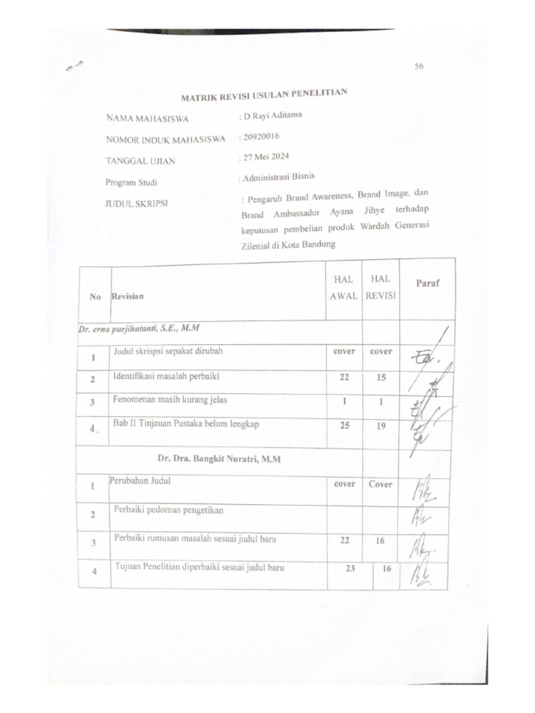 Matrik Revisi Usulan Penelitian | PDF
