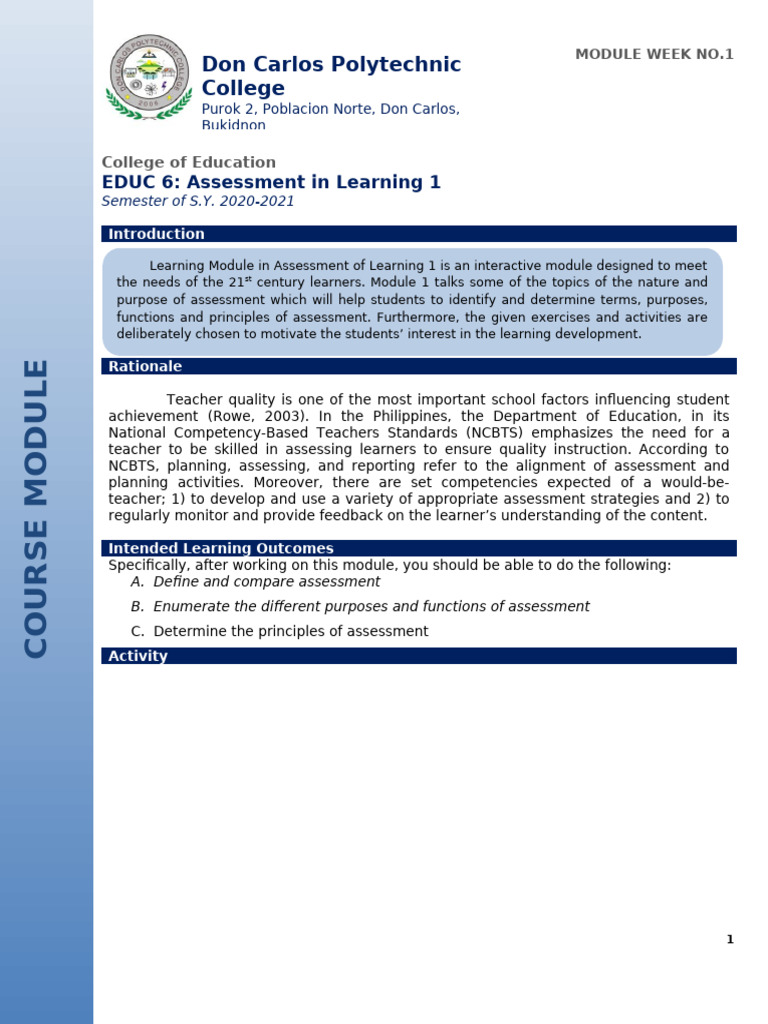 EDUC 6 Assessment of Learning 1 Course Module 1 | PDF | Educational ...