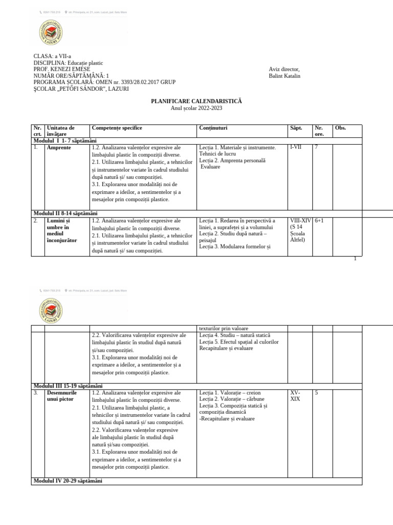 Planificare Pe Module Clasa 7 A 2022-2023 BUN | PDF
