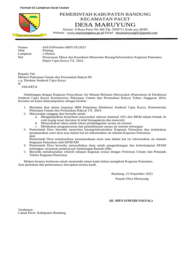 Surat Usulan Pemerintah Desa Maruyung Pamsimas | PDF