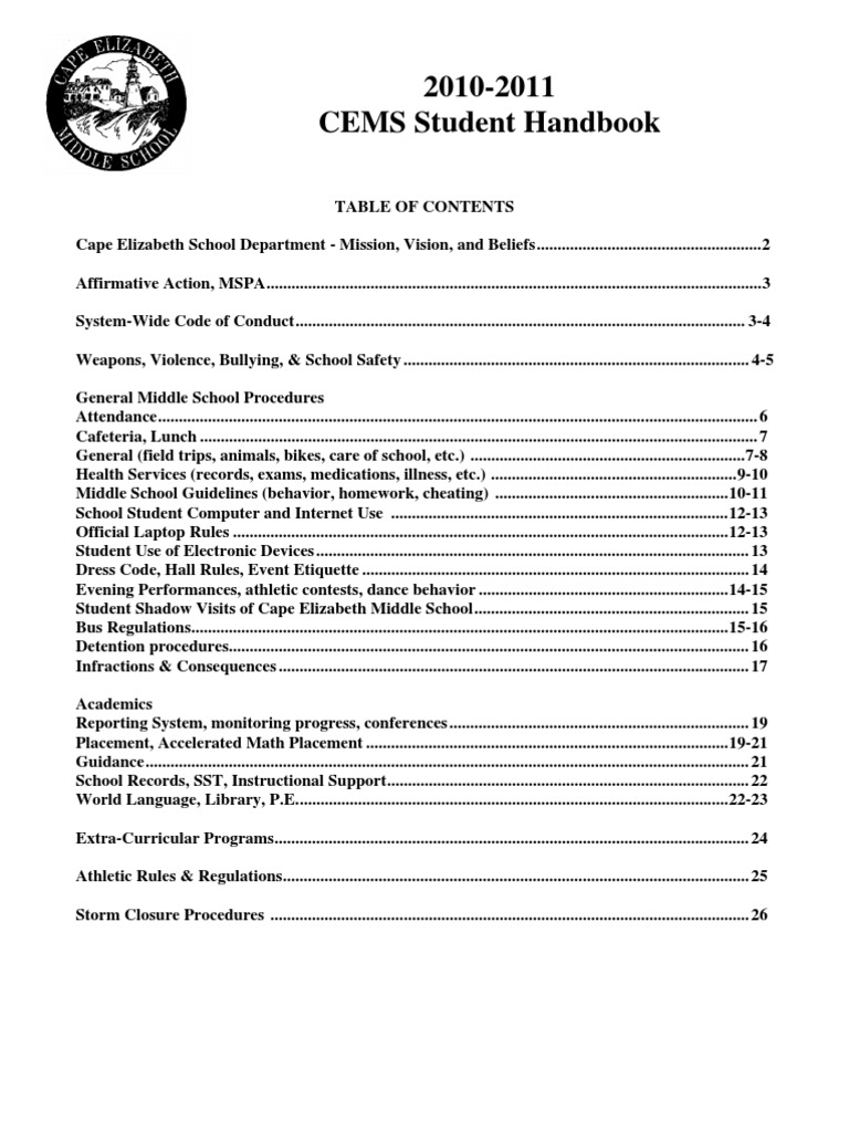 2010-2011 CEMS Student Handbook | PDF | Homework | Physical Examination