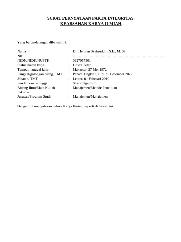 Contoh Pak HR - Sp-Pakta-Integritas-Karya-Ilmiah | PDF