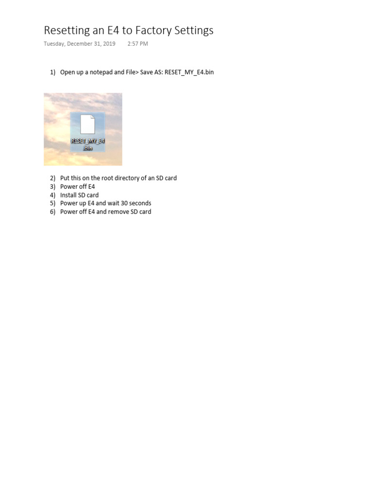Resetting An E4 To Factory Settings | PDF