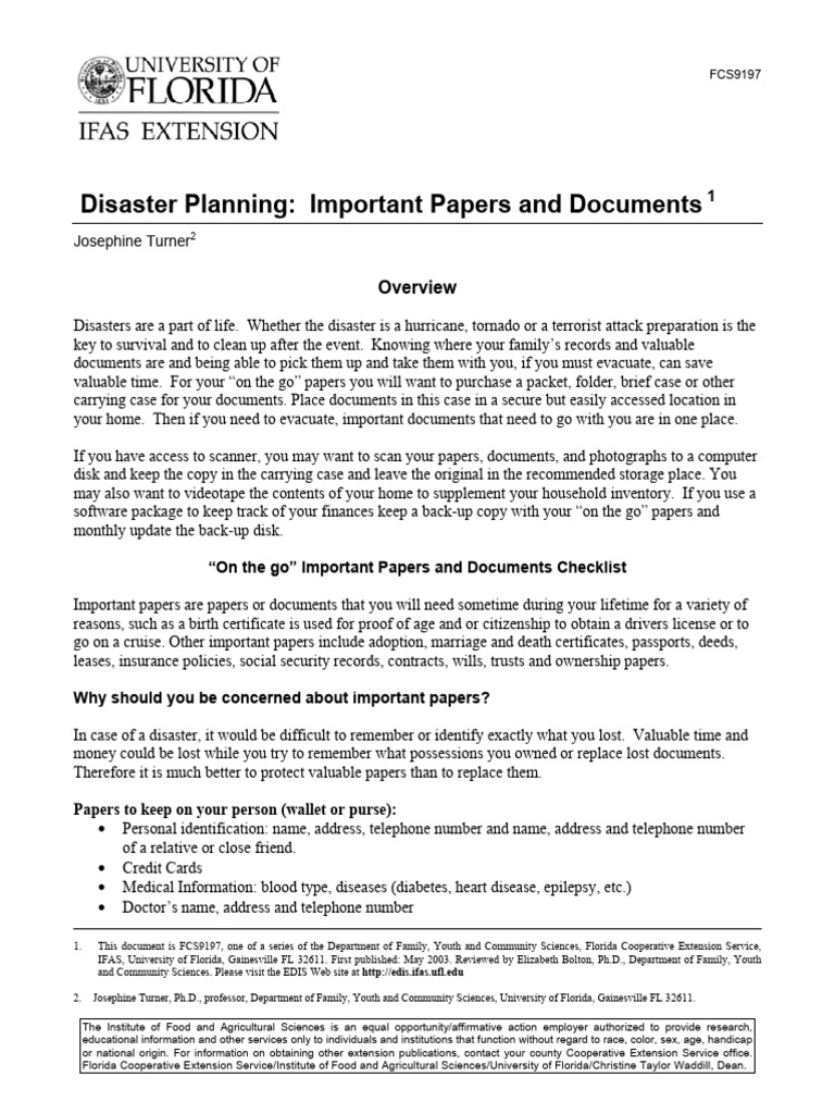 (Safety) Disaster Planning - Important Papers and Documents | PDF