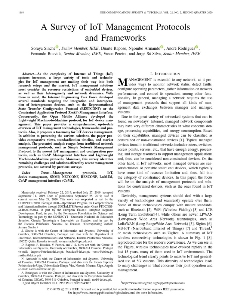 A Survey of IoT Management Protocols and Frameworks | PDF