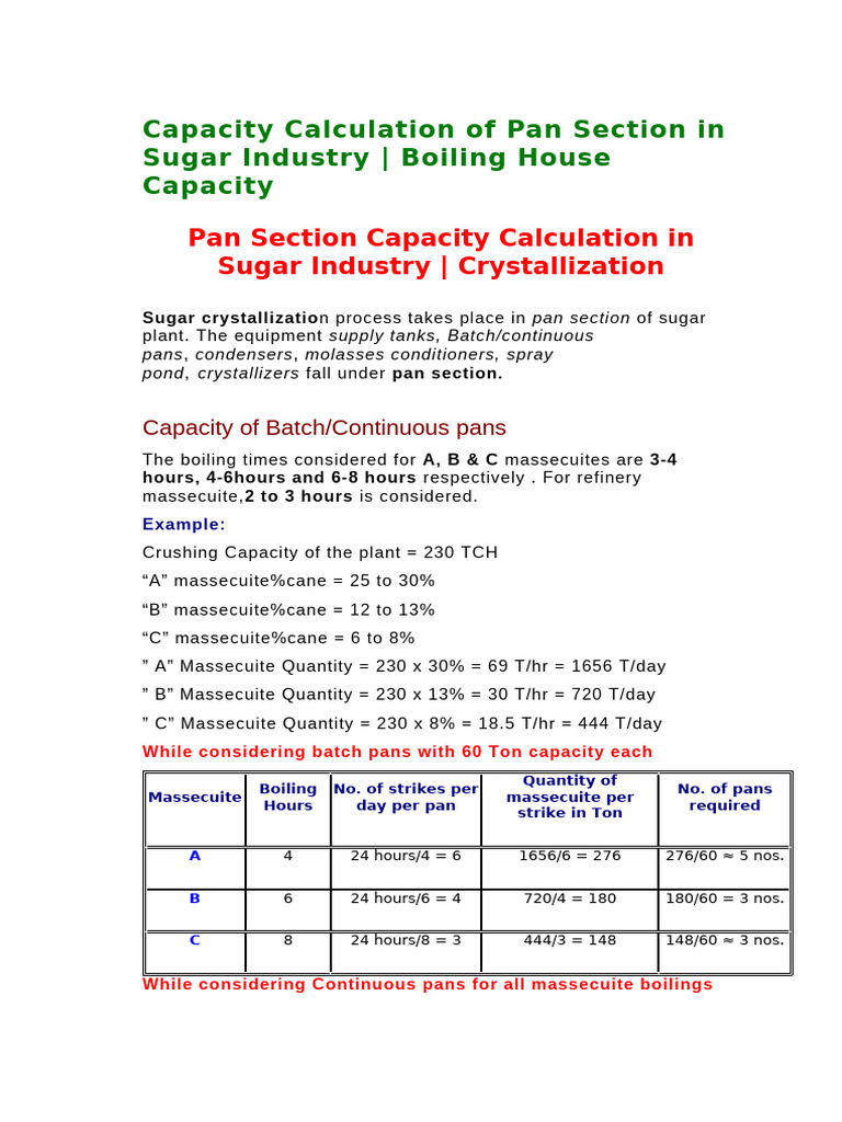 Pan Capacity Calculations in Sugar Industry | PDF | Crystallization ...