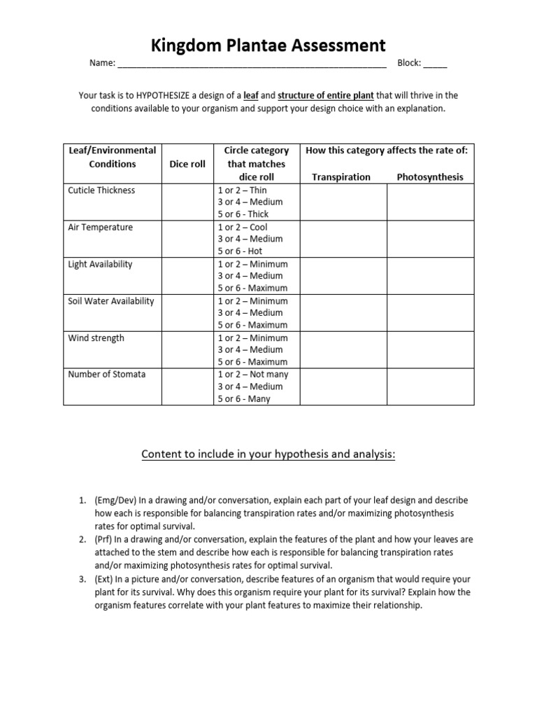 Inclusive Assessment Example Kingdom Plantae Assessment | PDF