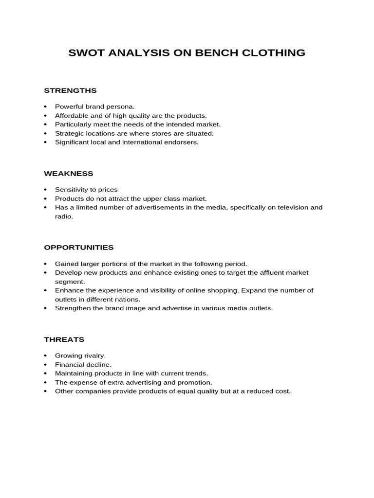 Swot Analysis on Bench Clothing | PDF