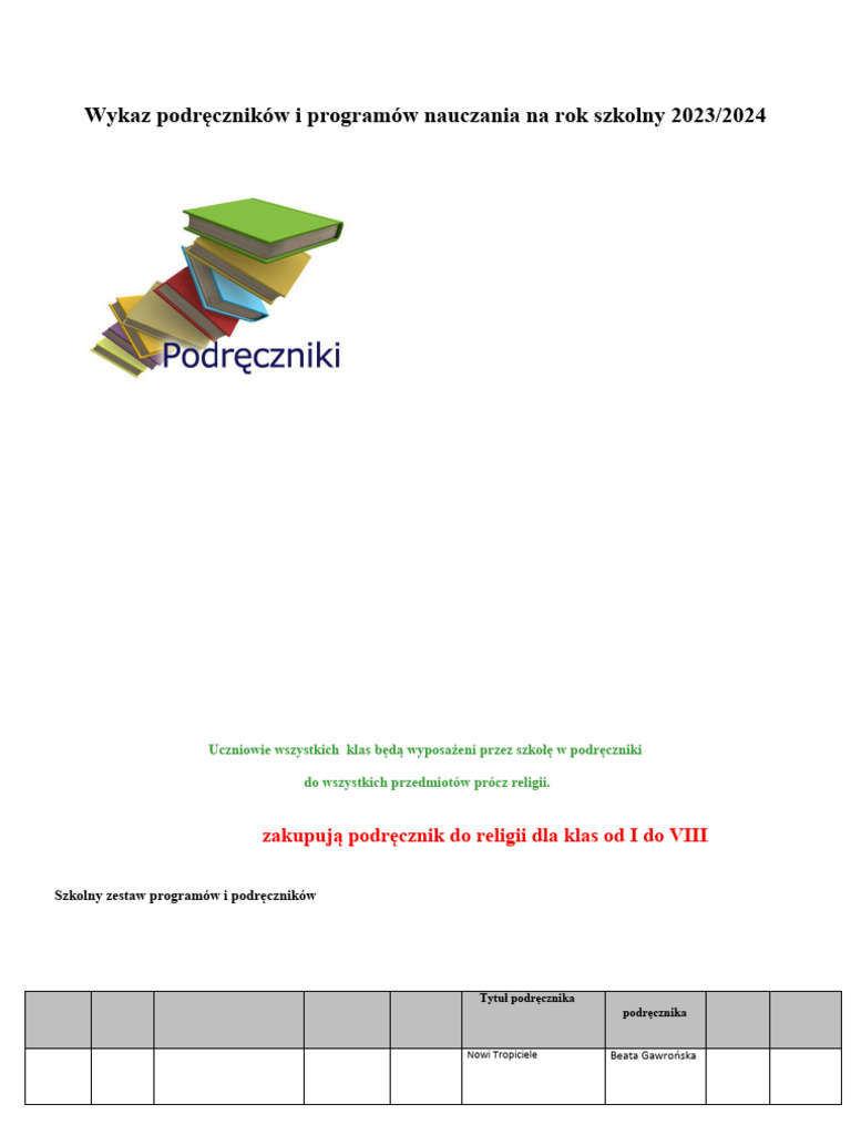 Wykaz Podrecznikow I Progr. 2023-2024 | PDF