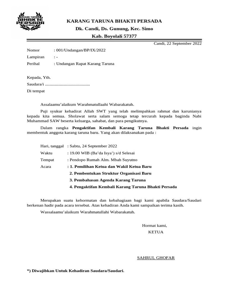 Undangan Rapat Karang Taruna BAKTIPERSADA | PDF