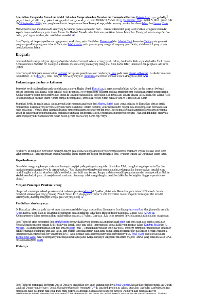 Abul Abbas Taqiyuddin Ahmad bin Abdul Halim bin Abdus Salam bin Abdullah bin Taimiyah al Harrani ...
