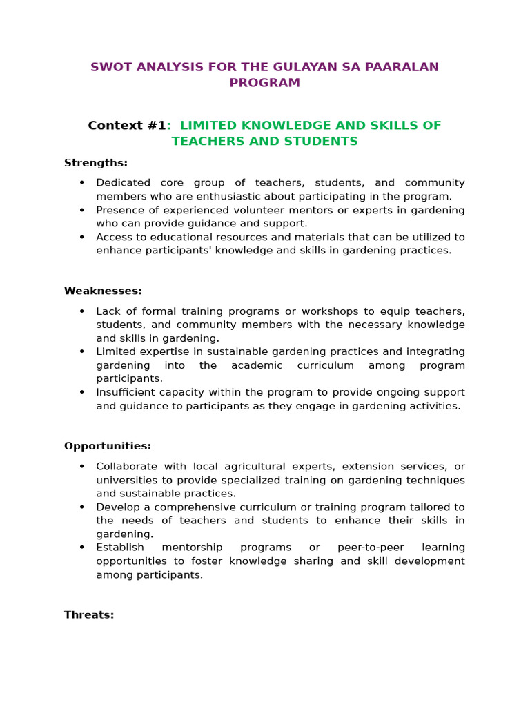 Swot Analysis For The Gulayan Sa Paaralan Program | PDF ...