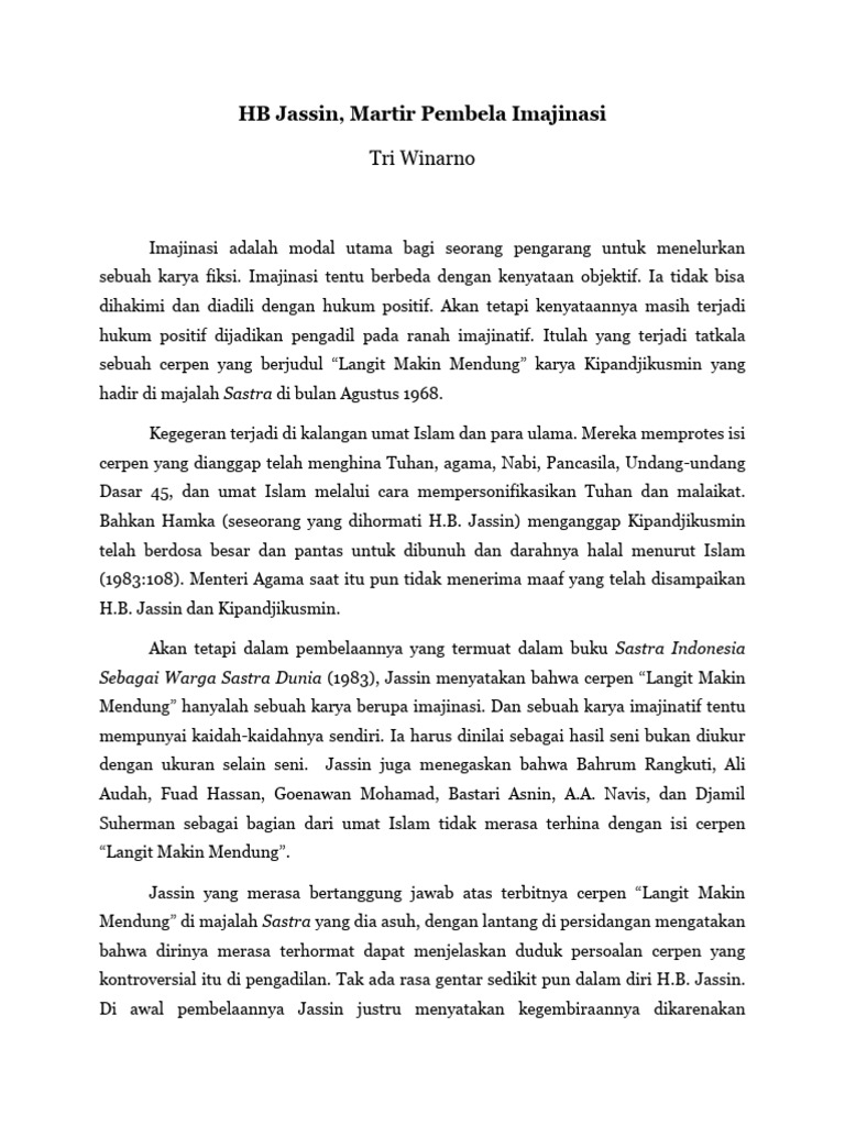 HB Jassin Martir Pembela Imajinasi | PDF