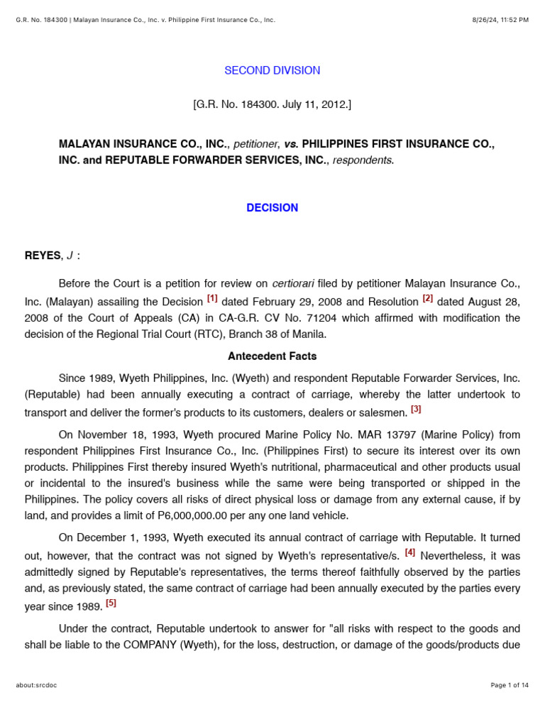 G.R. No. 184300 - Malayan Insurance Co., Inc. v. Philippine First ...