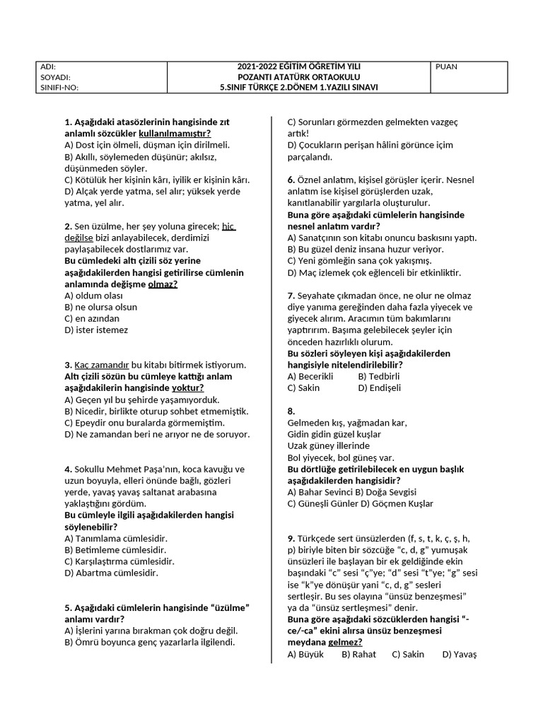 Sinif Turkce 2. Donem. 1. Yazili | PDF