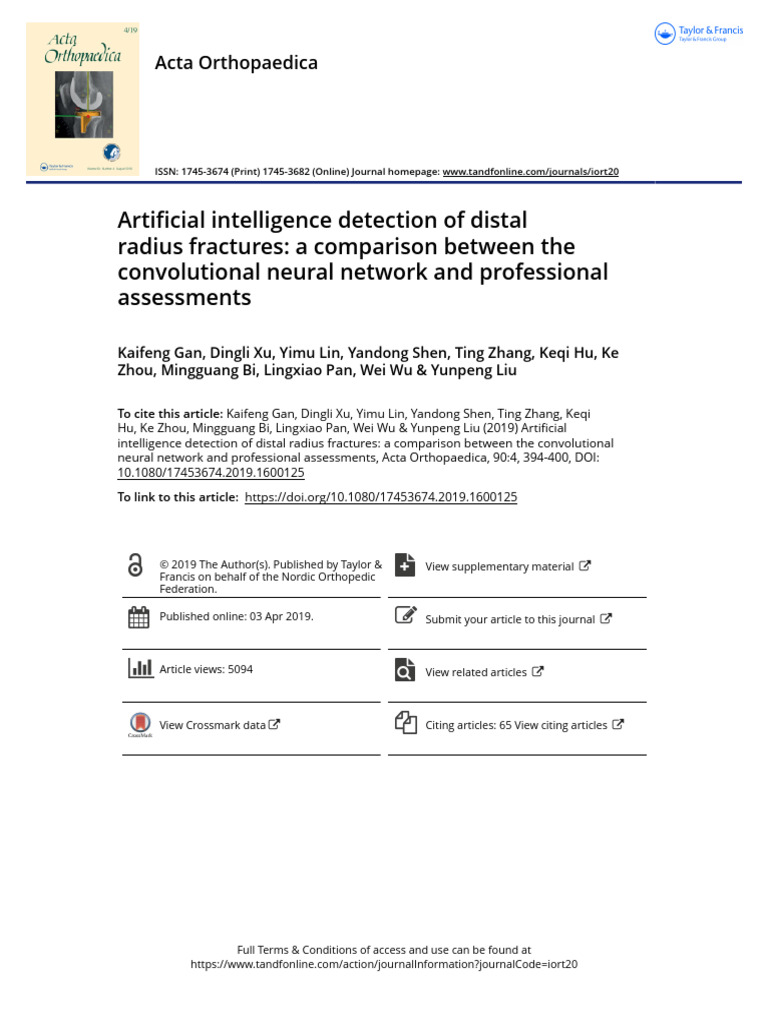 Artificial Intelligence Detection Of Distal Radius Fractures A Comparison Between The