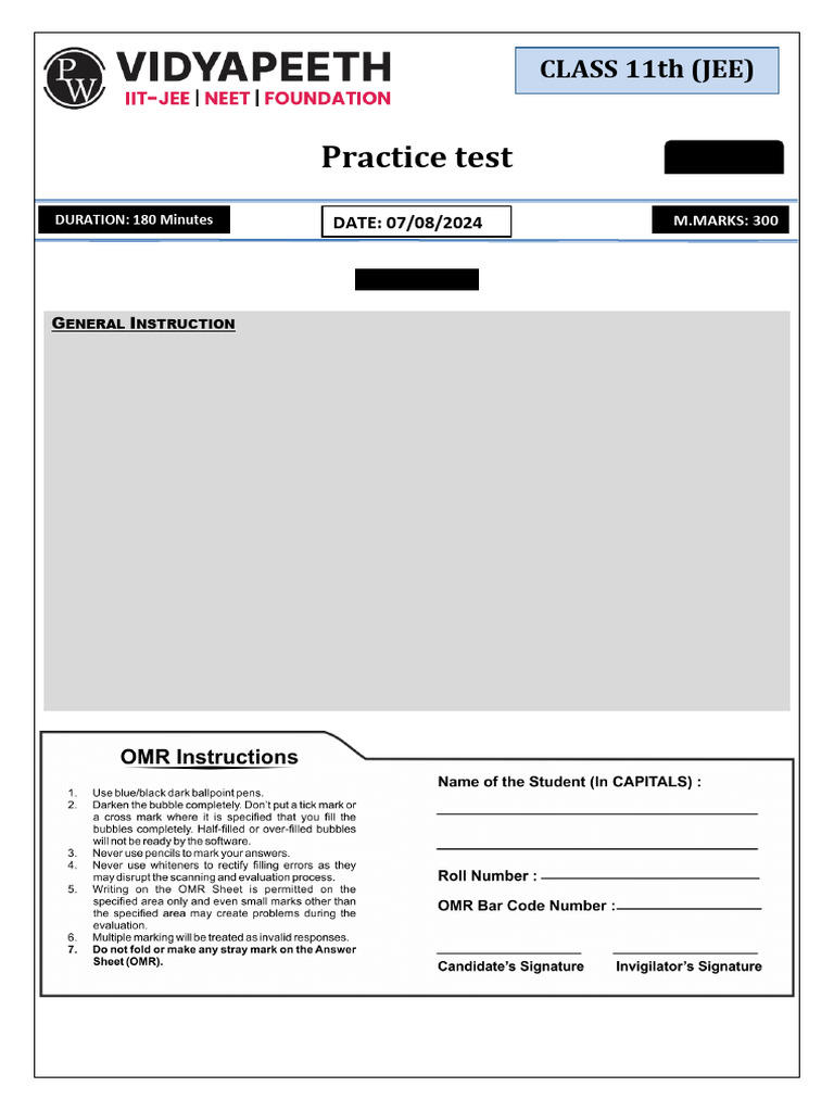 Practice Test - JEE - Question Paper - 2024 - Question - 7 August | PDF