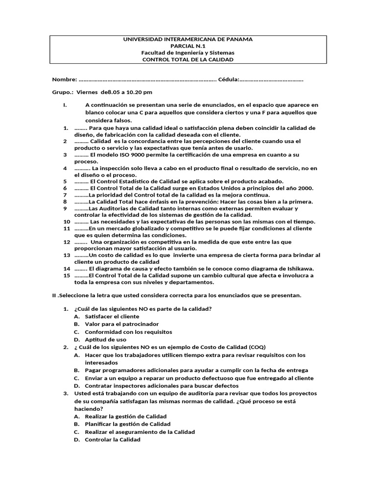 Parcial N 2 De Control De La Calidad Total Iiic 19 Pdf