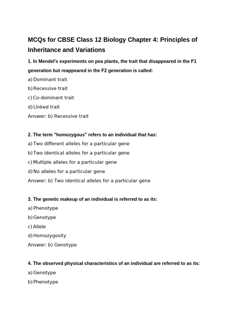 Cbse Class 12 Biology Principles of Inheritance and Variations | PDF Cbse Class 12 Biology Principles of Inheritance and Variations | PDF