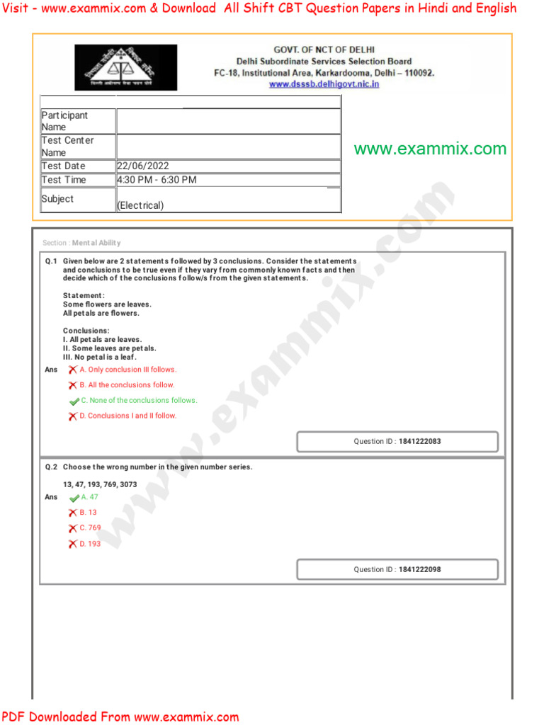 DSSSB JE SO Electrical Question Paper 22 June 2022 3rd Shift | PDF
