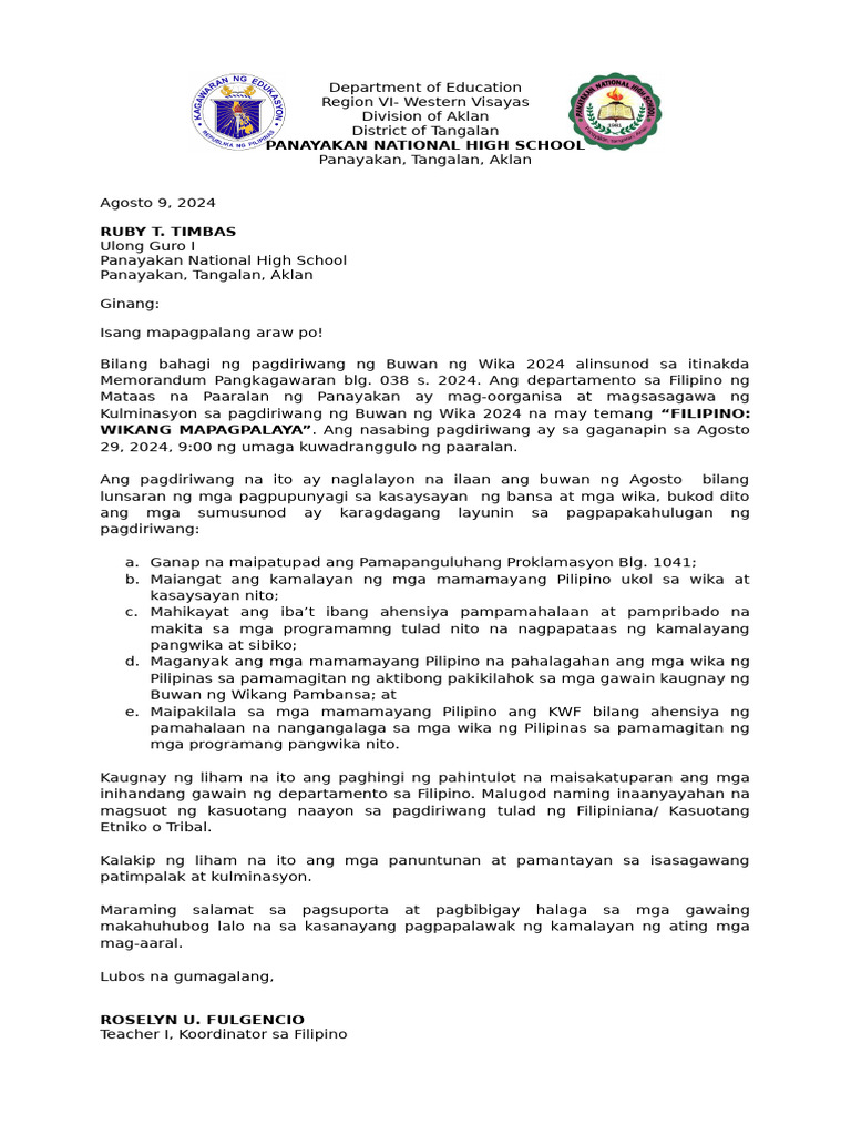 Buwan NG Wika Letter | PDF
