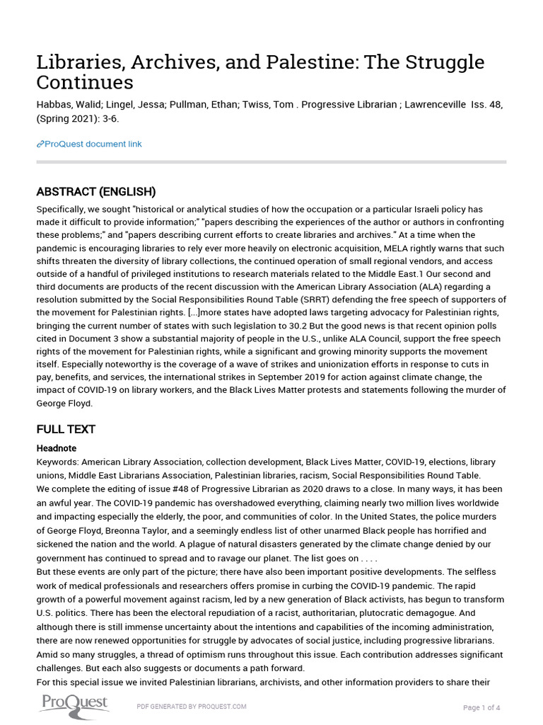 Libraries Archives And Palestine The Struggle Continues Pdf