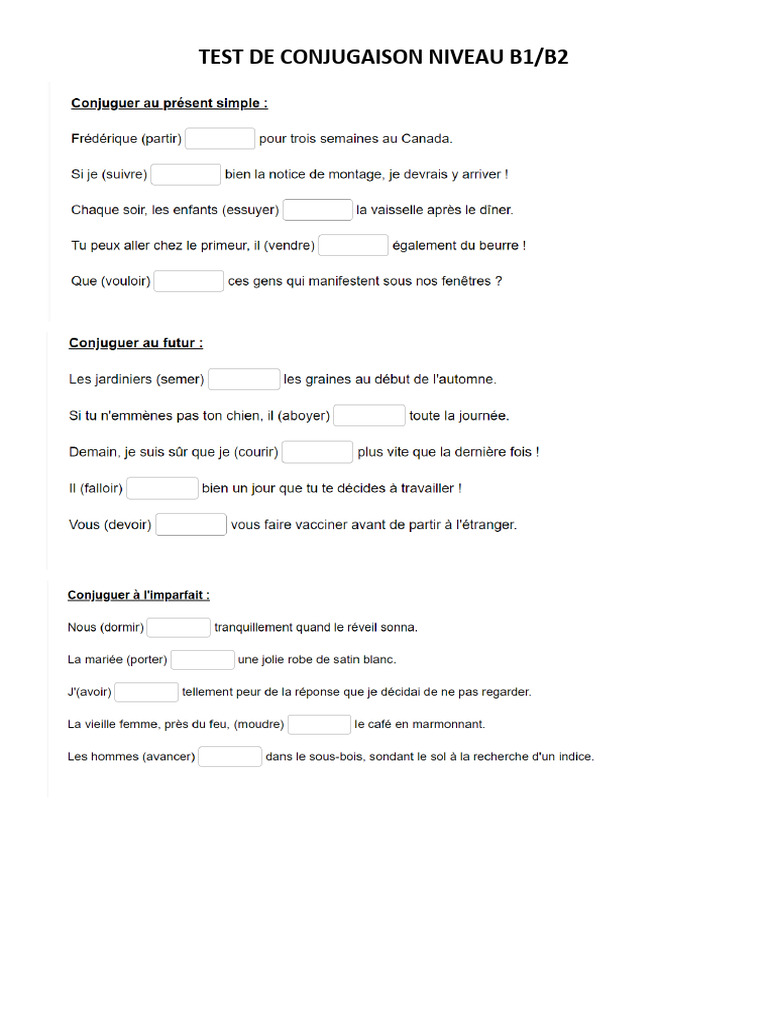 Test de Conjugaison Niveau B1 | PDF