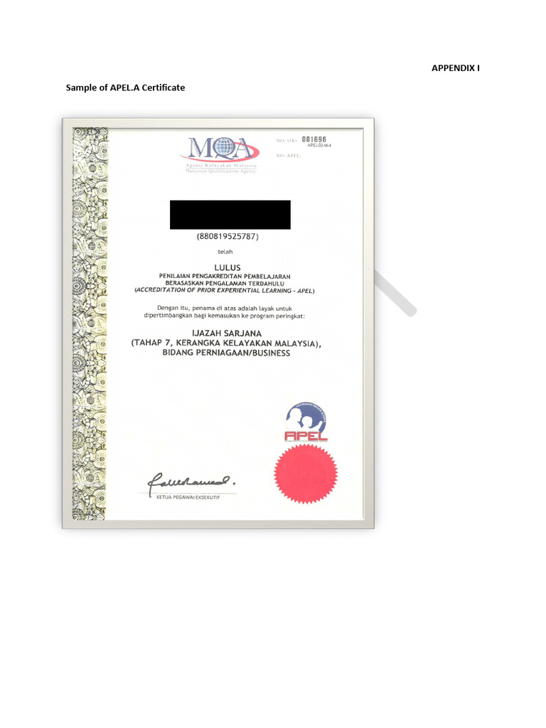 Appendix I Sample APEL.A Certificate | PDF