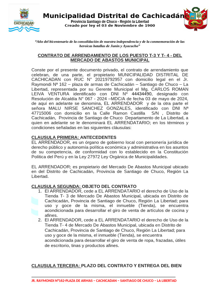 Contrato De Arrendamiento De Los Puesto T 3 Y T 4 Del Mercado De