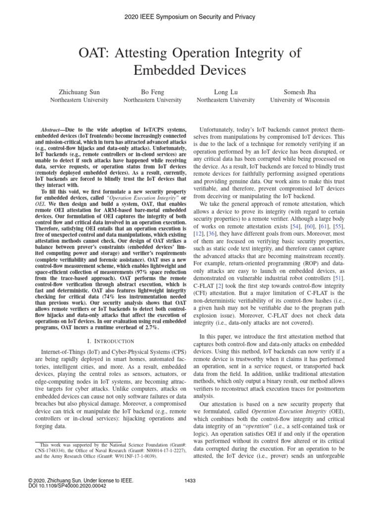 OAT Attesting Operation Integrity of Embedded Devices | PDF