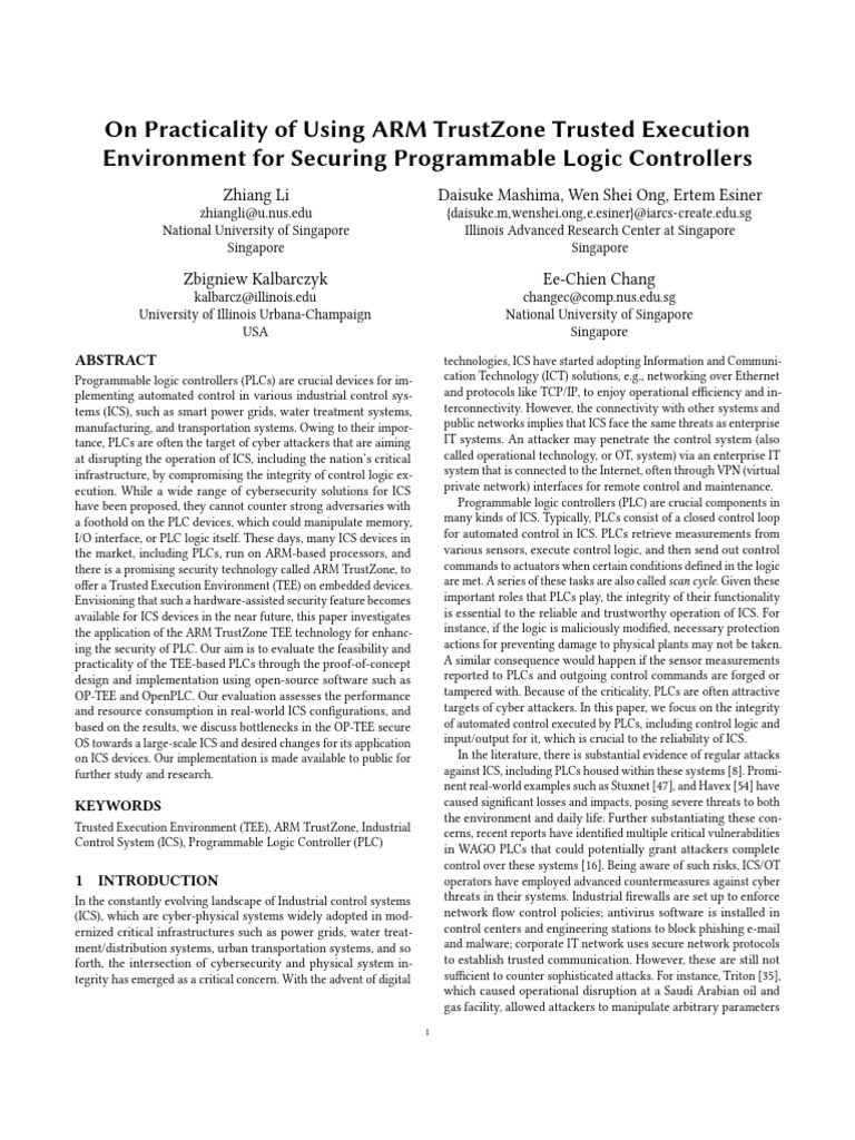 On Practicality of Using ARM TrustZone Trusted Execution Environment For Securing Programmable ...