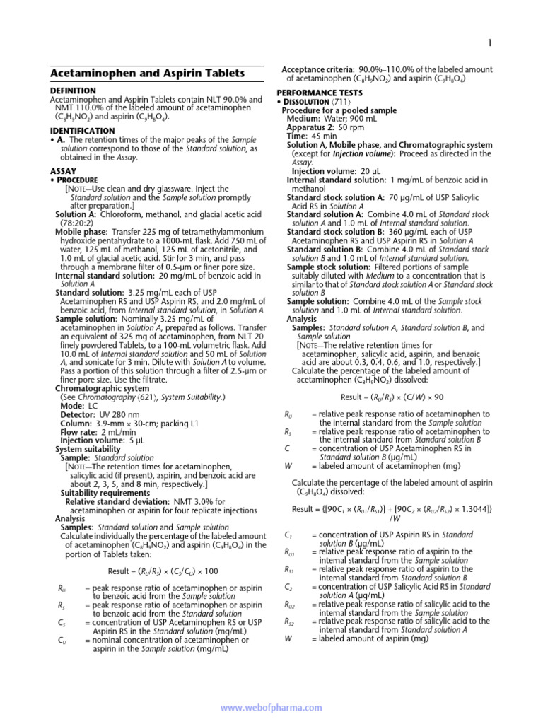 Acetaminophen and Aspirin Tablets | PDF
