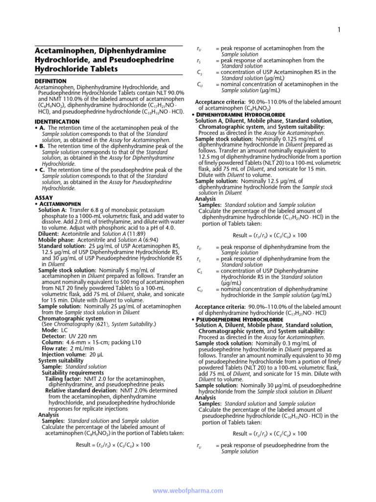 Acetaminophen, Diphenhydramine Hydrochloride, and Pseudoephedrine Hydrochloride Tablets | PDF