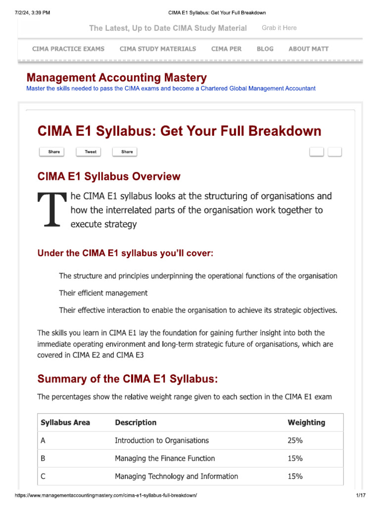CIMA E1 Syllabus | PDF