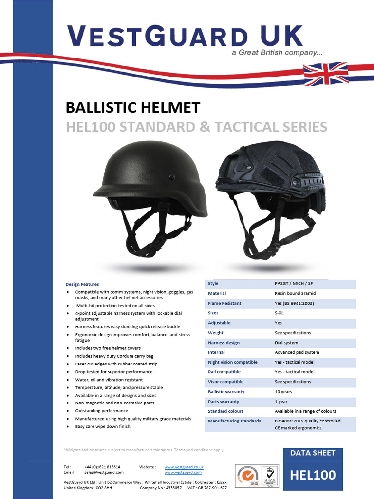Data Sheet - HEL100 Ballistic Helmet | PDF