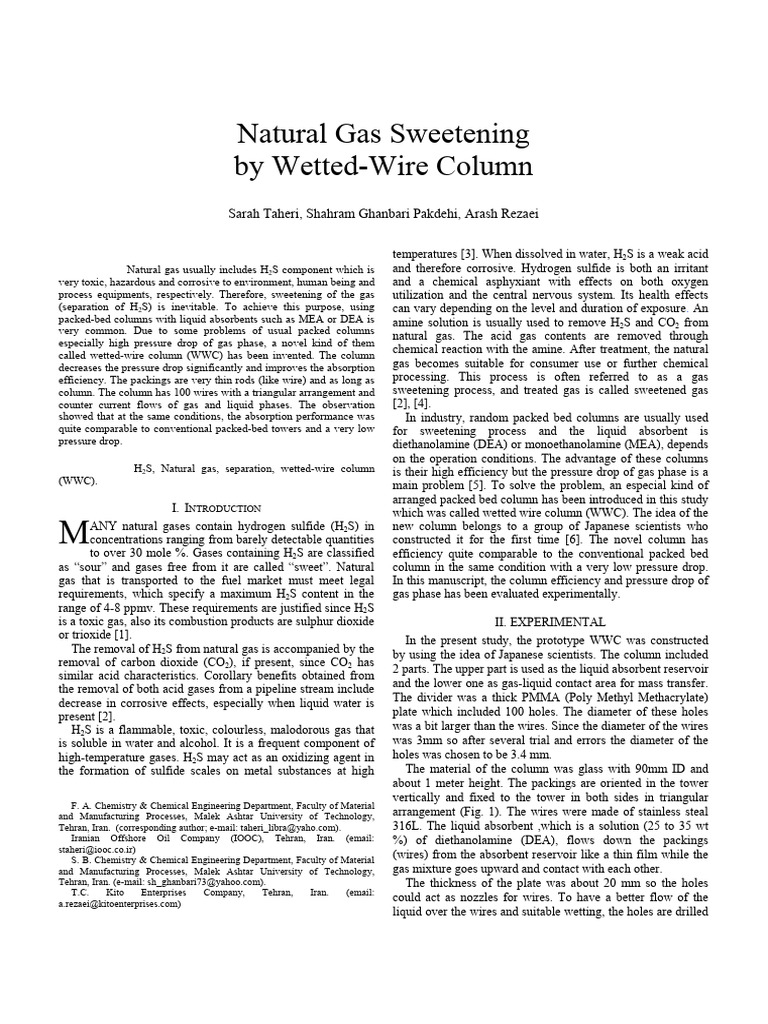 Natural Gas Sweetening by Wetted-Wire Column: Sarah Taheri, Shahram ...