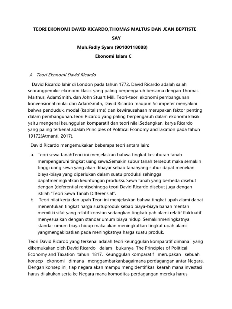 Teori Ekonomi David Ricardo, Thomas Maltus Dan Jean Beptiste Say | PDF