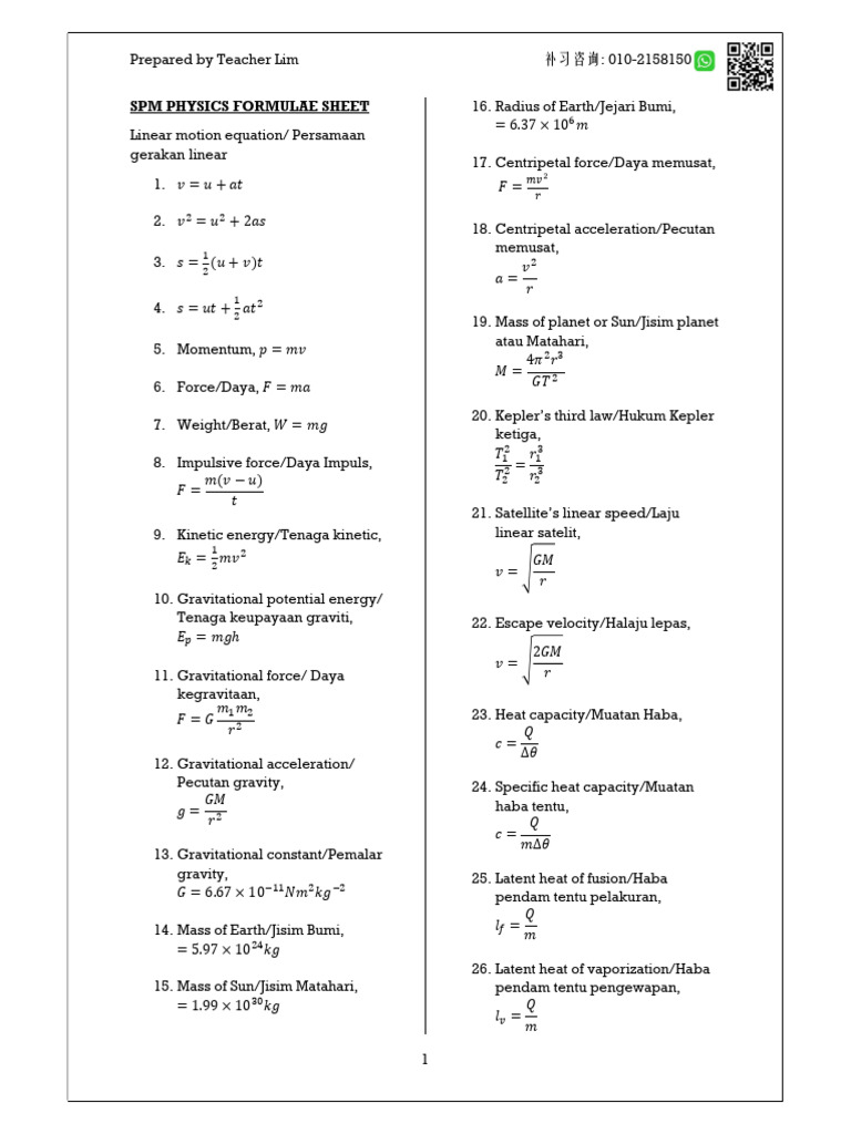 SPM Physics Formulae Sheet (KSSM) | PDF