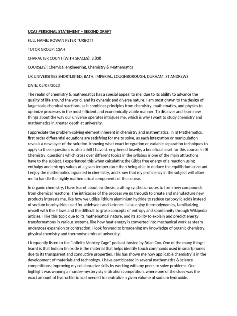 Personal Statment Chemical Engineering | PDF