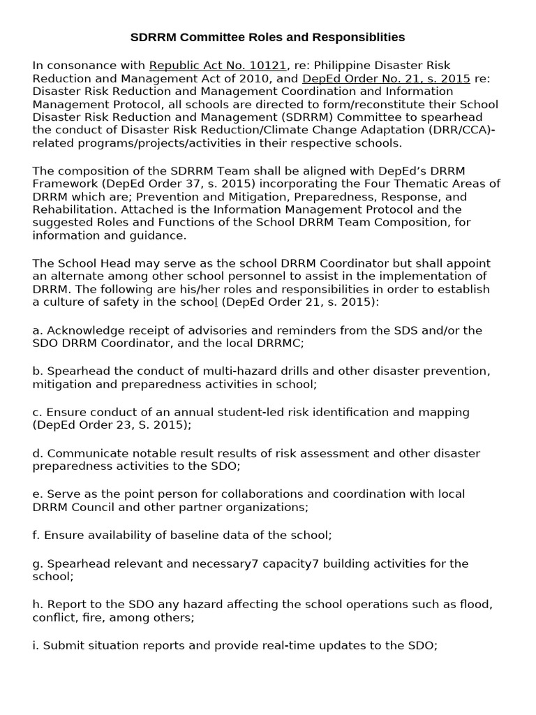 SDRRM Committee Roles and Responsiblities | PDF