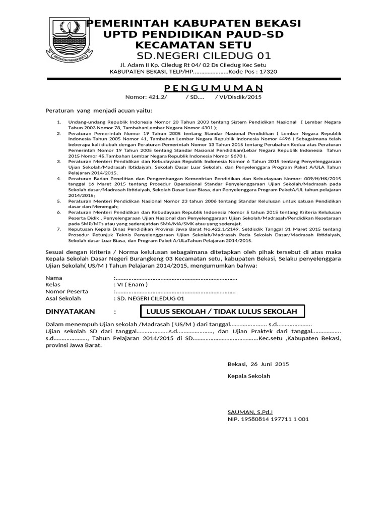 Lembar PENGUMUMAN KELULUSAN SD | PDF