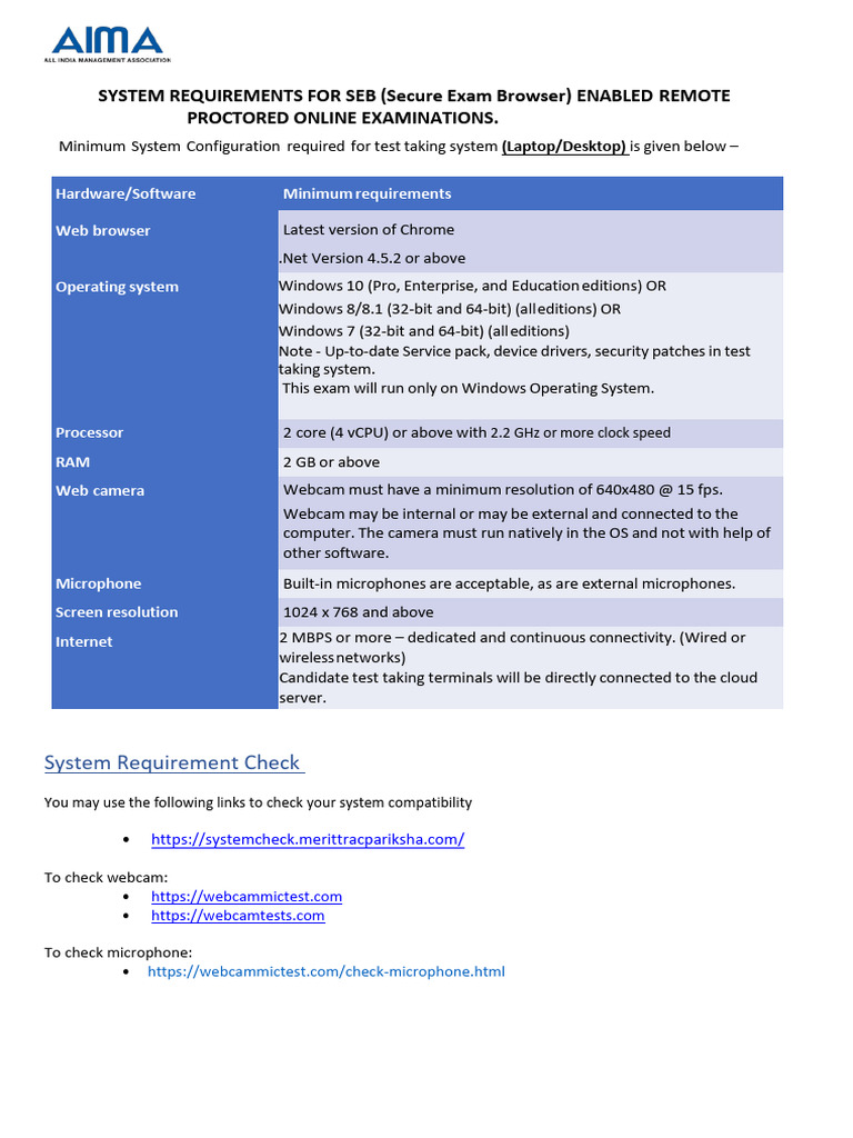 System Requirements For Home Based Assessments With RP - V3 | PDF