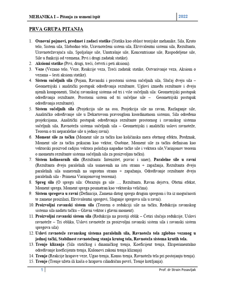 MEHANIKA I Pitanja Za Usmeni Ispit | PDF