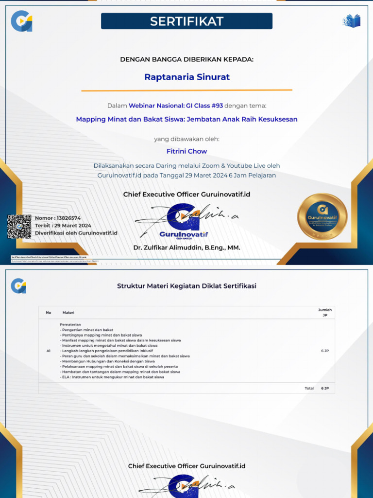 Sertifikat Pelatihan Keguruan - BERaptanaria SInurat | PDF